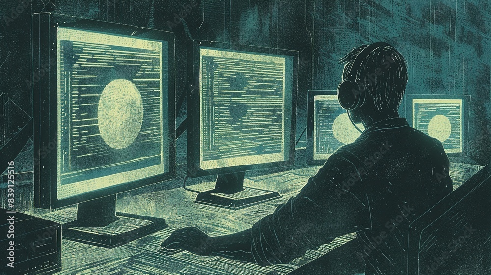 Programmer working on dual monitors with neon code, cyberpunk setting, vibrant colors, detailed ...