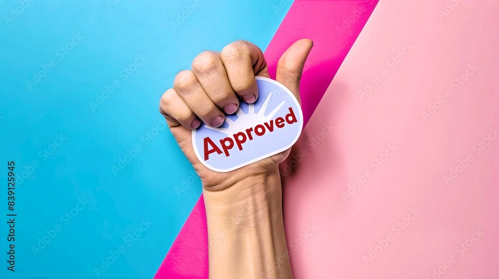 Hand holding a sticker labeled "Approved" with a thumbs-up, against a ...