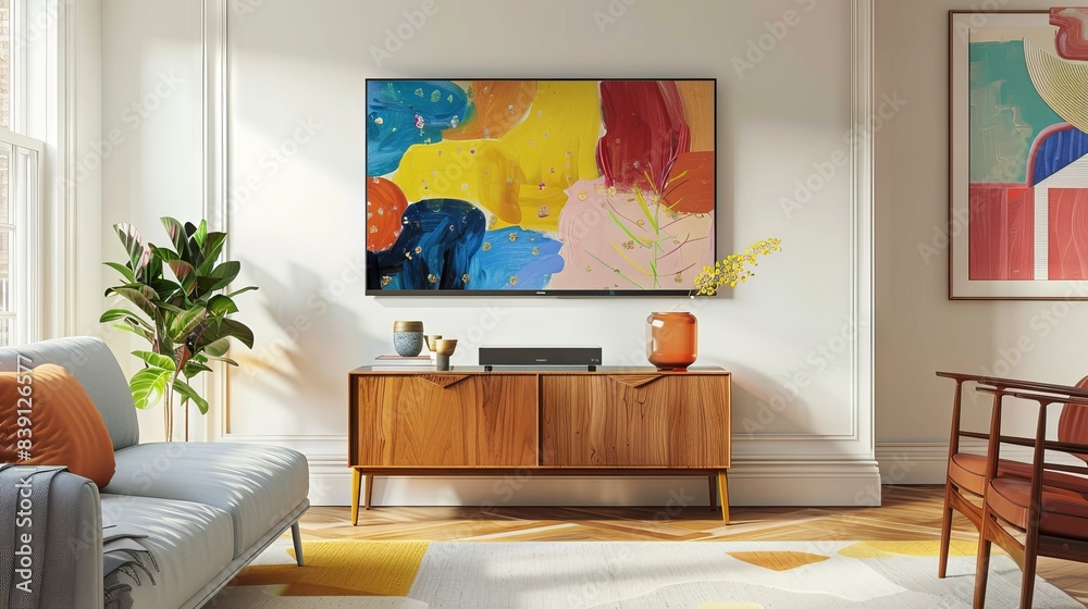 wall-mounted television above a mid-century modern cabinet in a living ...