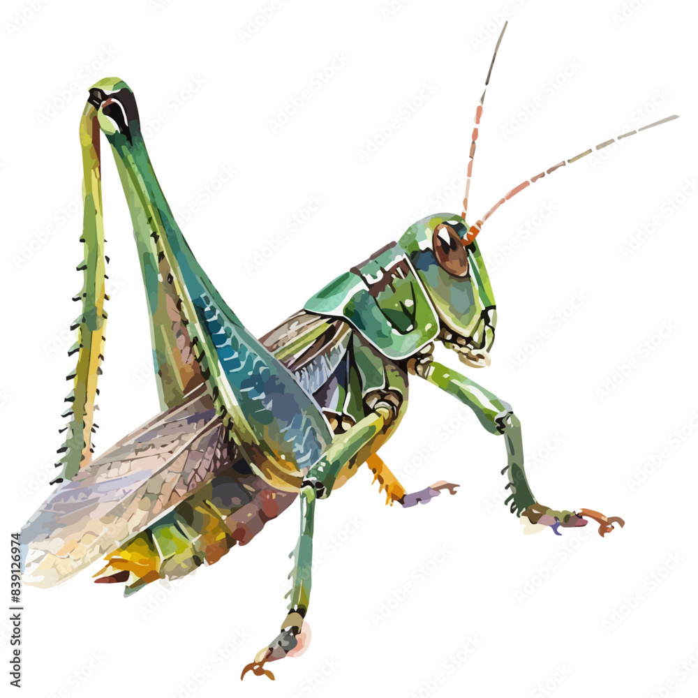 Watercolor Graphic vector of a Grasshopper, isolated on a white ...