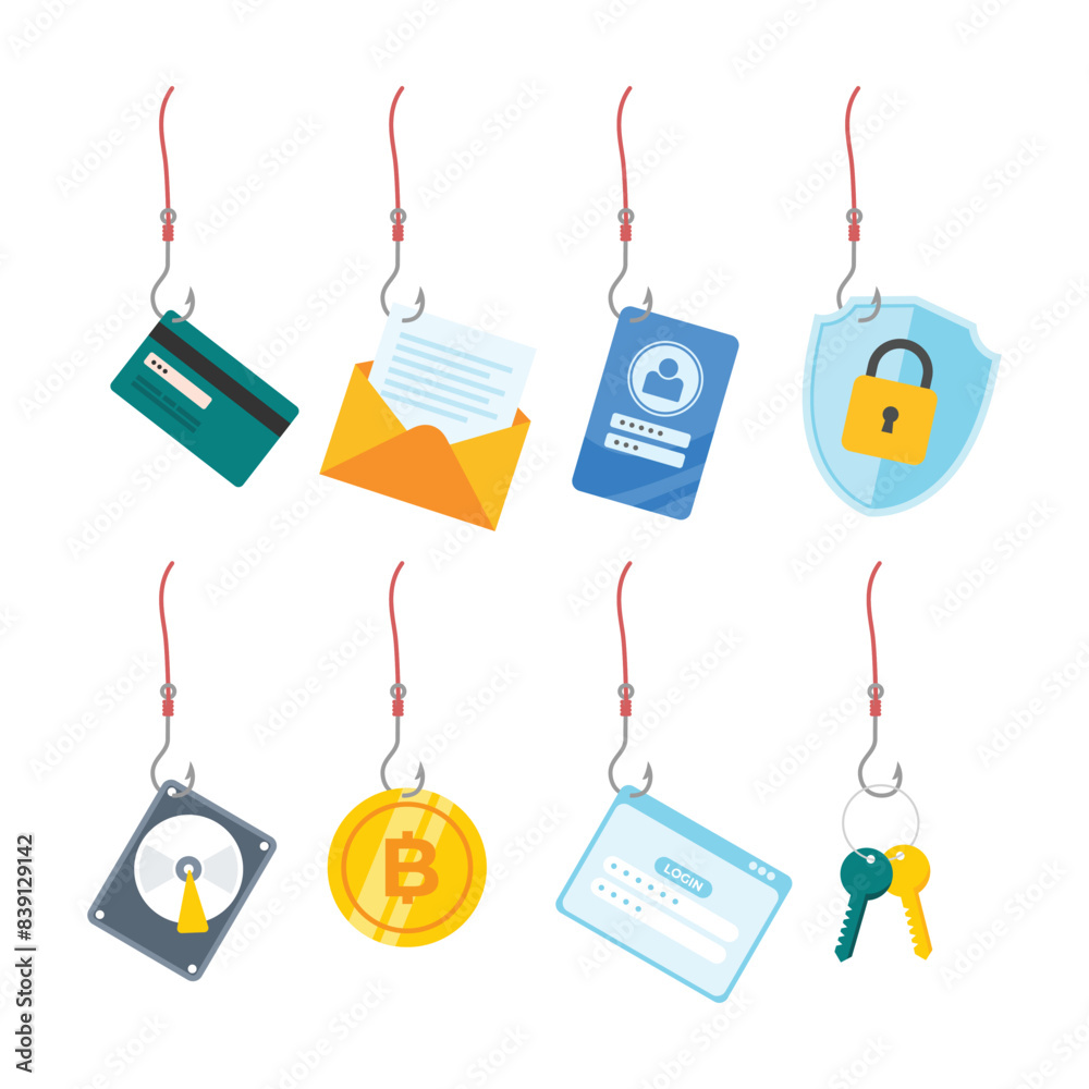Set of bait hacking, Cyber crime, phishing, stealing personal data ...