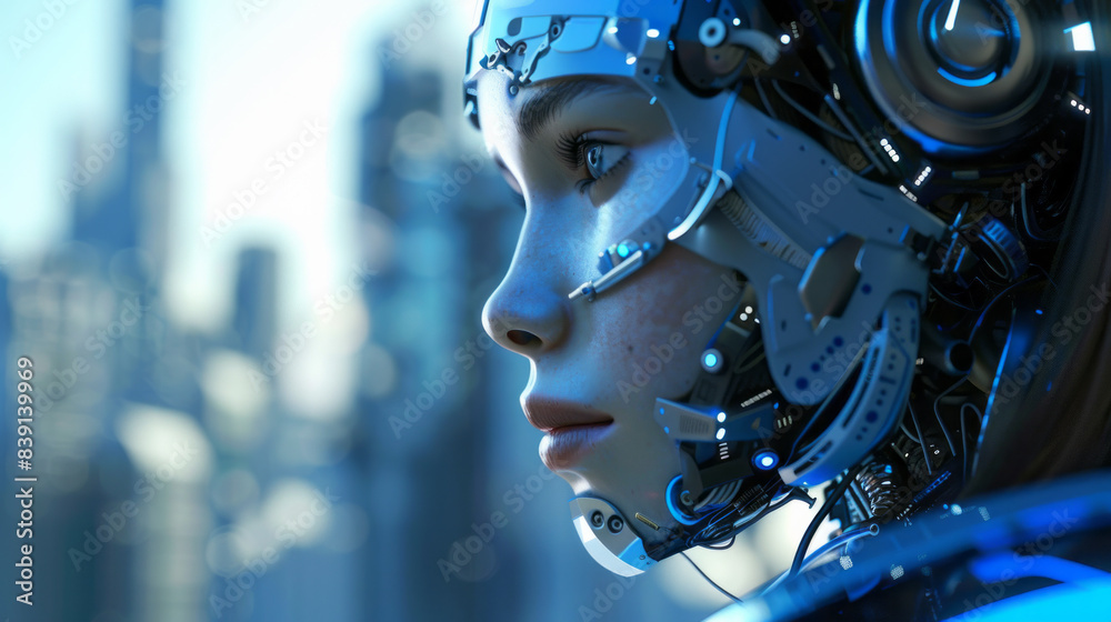 Stylish cyber support. Beautiful girl in headset. 3d render / Futuristic worker. artificial ...
