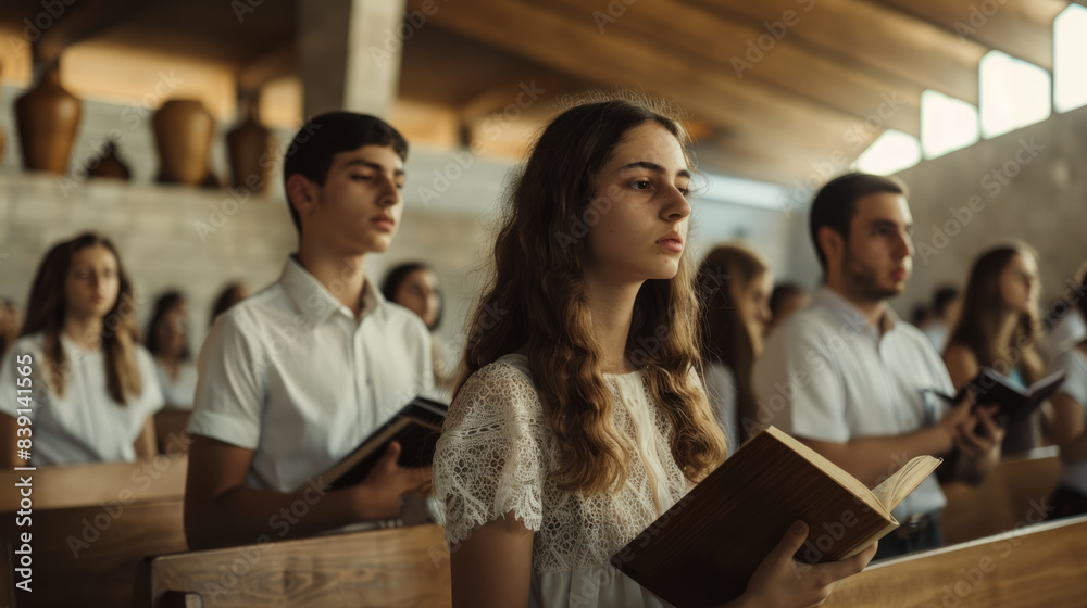 group of Jewish people in Israel, standing in a synagogue during a ...