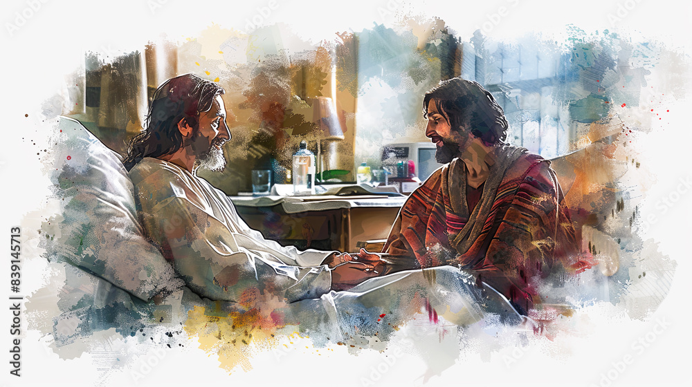 Digital watercolor painting of Jesus Watercolor painting, Jesus visiting a modern hospital and ...