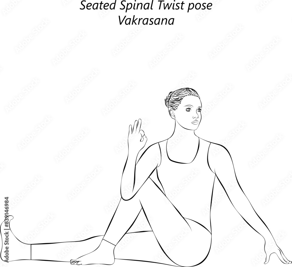 Sketch of young woman practicing Vakrasana yoga pose. Seated Spinal ...