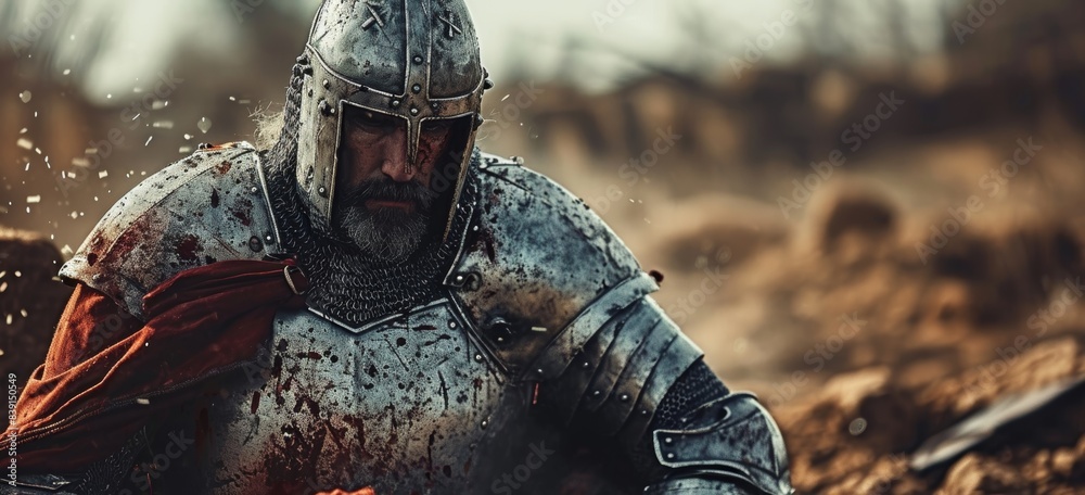 Medieval knight on battlefield, last survivor after destruction of war ...