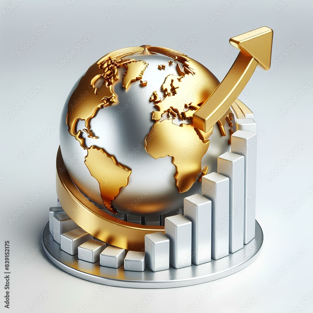 silver globe with gold continents stands on a base of stacked silver ...