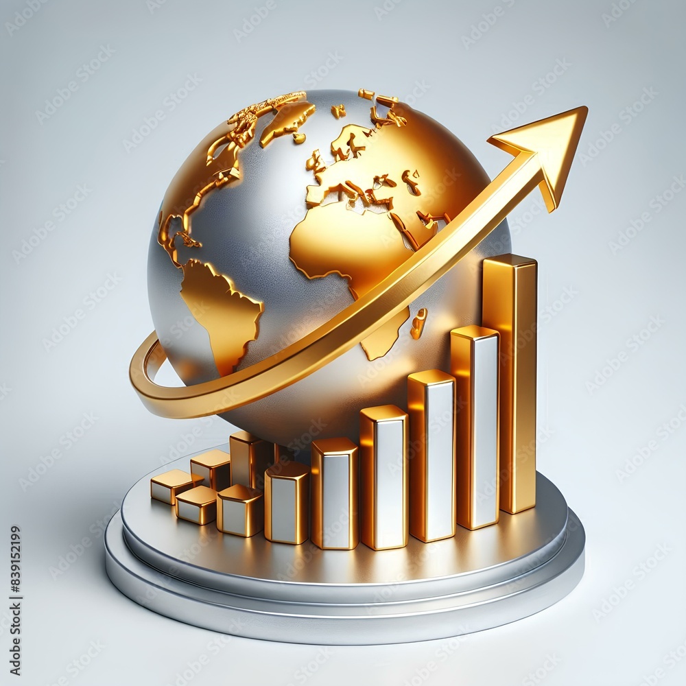 silver globe with gold continents stands on a base of stacked silver ...