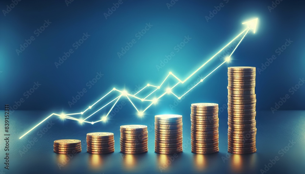 stack of gold coins, with each stack increasing in height. A luminous ...