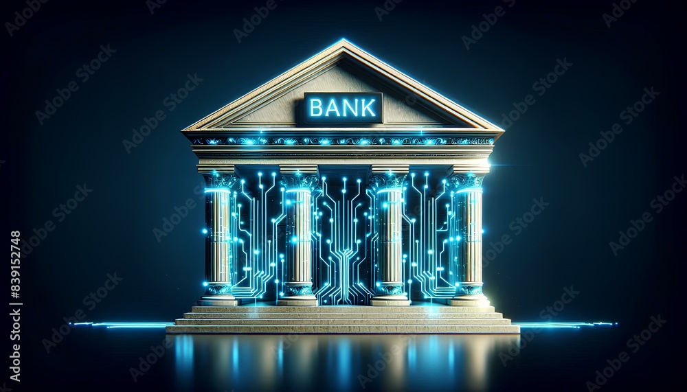 A traditional bank building with glowing blue circuit board patterns on ...
