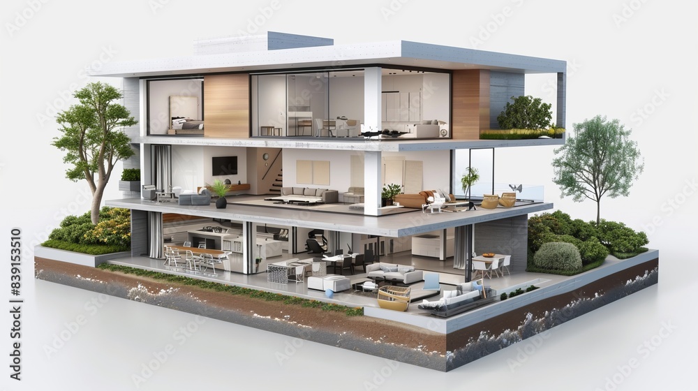 Modern Home Cross Section in 3D Rendering with Emphasis on Exterior and ...
