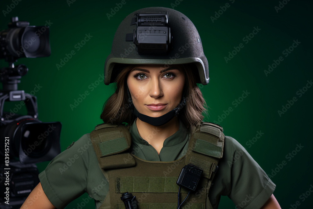 Professional reporter journalist in front of camera making breaking ...