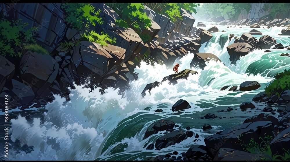 River water flowing through forest rocks Anime style illustration, flat ...