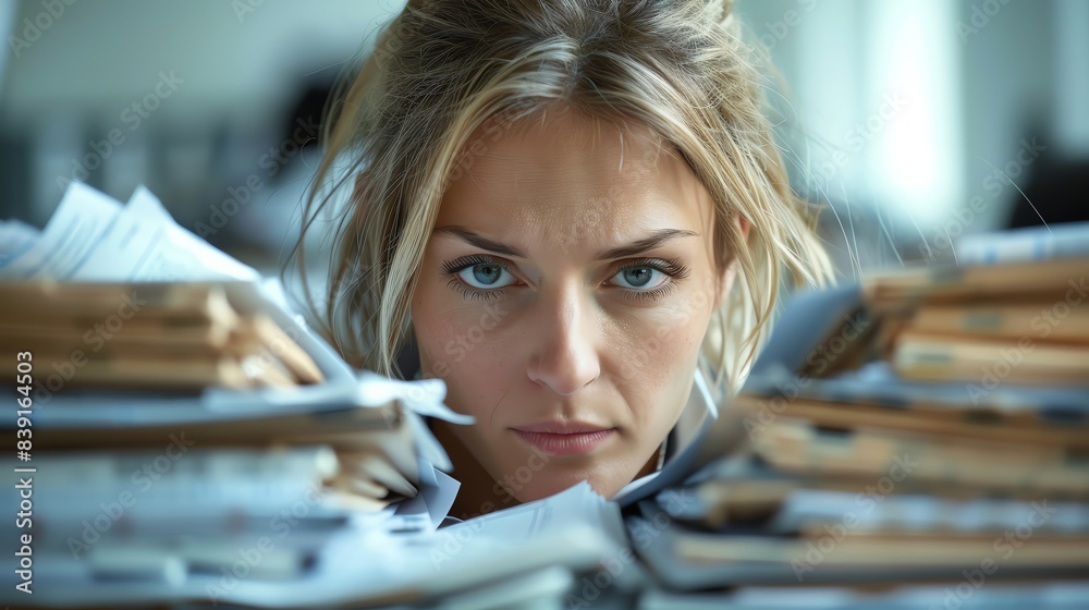Stressed woman working at a cluttered desk filled with piles of ...