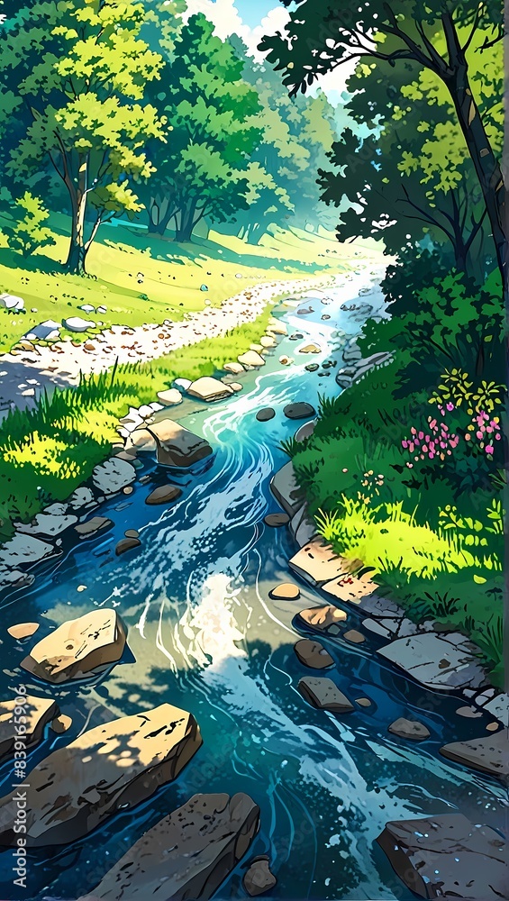 River stream flowing in countryside Anime style illustration, flat ...