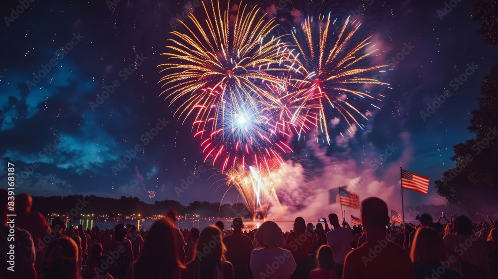 Fireworks display lighting up the night sky, with the American flag ...