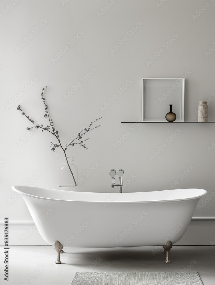 Design an elegant bathtub with sleek, rounded edges and slender metal ...