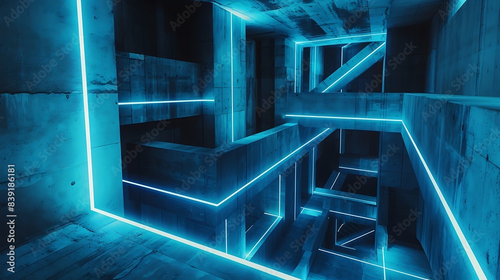 Intersecting tunnels with blue neon lights creating geometric patterns ...
