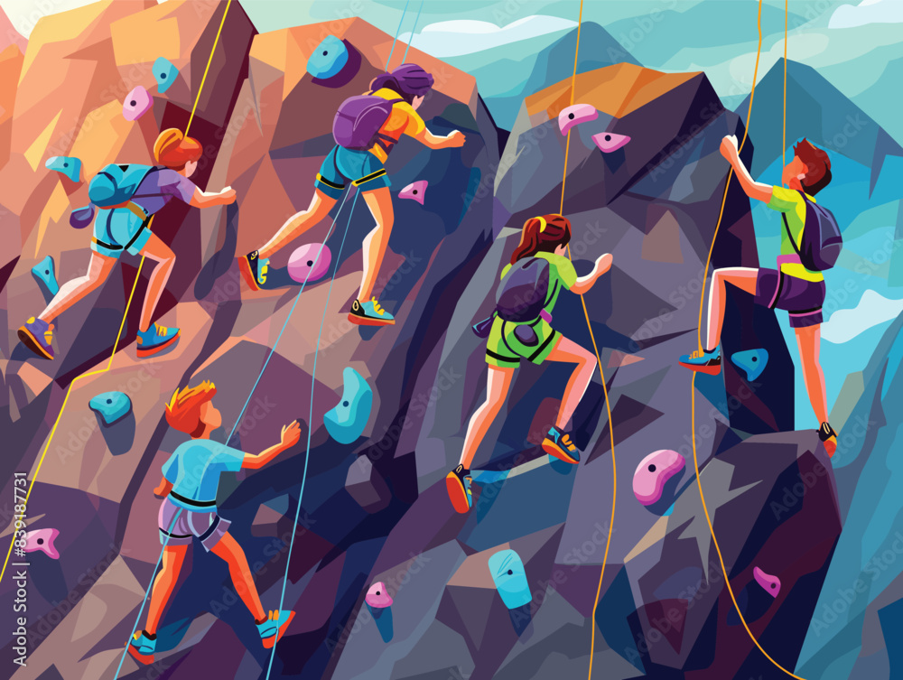 Four climbers scaling steep rock face, rope climbing, outdoor adventure ...