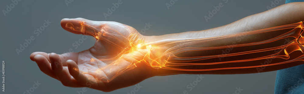Digital composite of highlighted hand of a man with hand pain at home ...