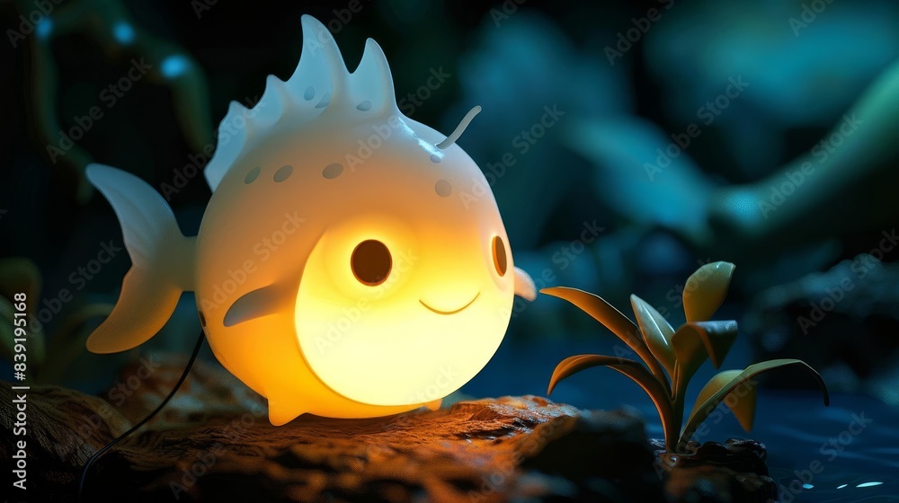 cute kawaii anglerfish lamp illuminating dark background 3d ...