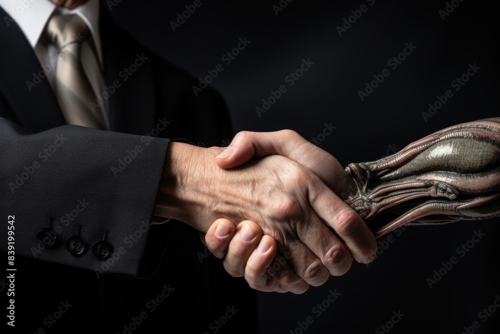Alien and Politician shaking hands, collaboration between world leaders ...