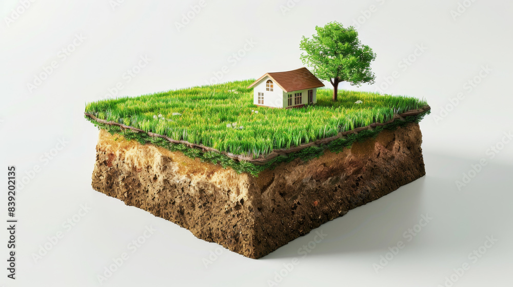 A 3D rendered model showing an isolated land plot with a small house ...