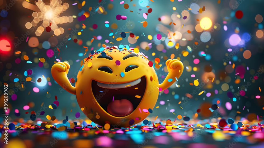 Cartoon emoticon celebrating with confetti and fireworks in the ...