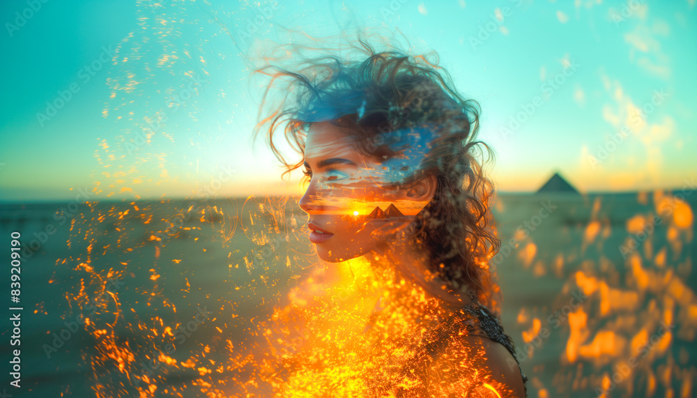 Double exposure between woman and landscape. Beautiful female face with ...