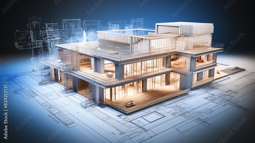 vision of architecture of a 3d model house project with blueprint Stock ...