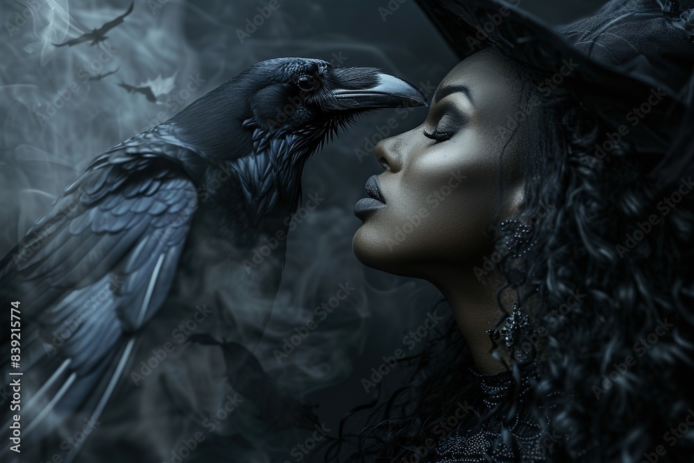 Raven minion is whispering to a dark beautiful witch woman on smoky ...