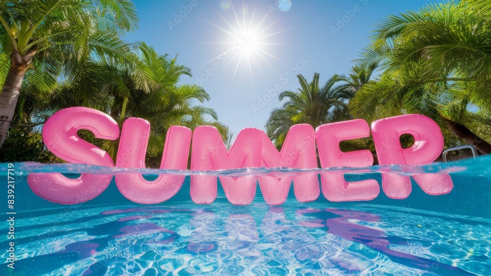 Summer Background with Pink Inflatable Pool Floats Spelling the Word ...