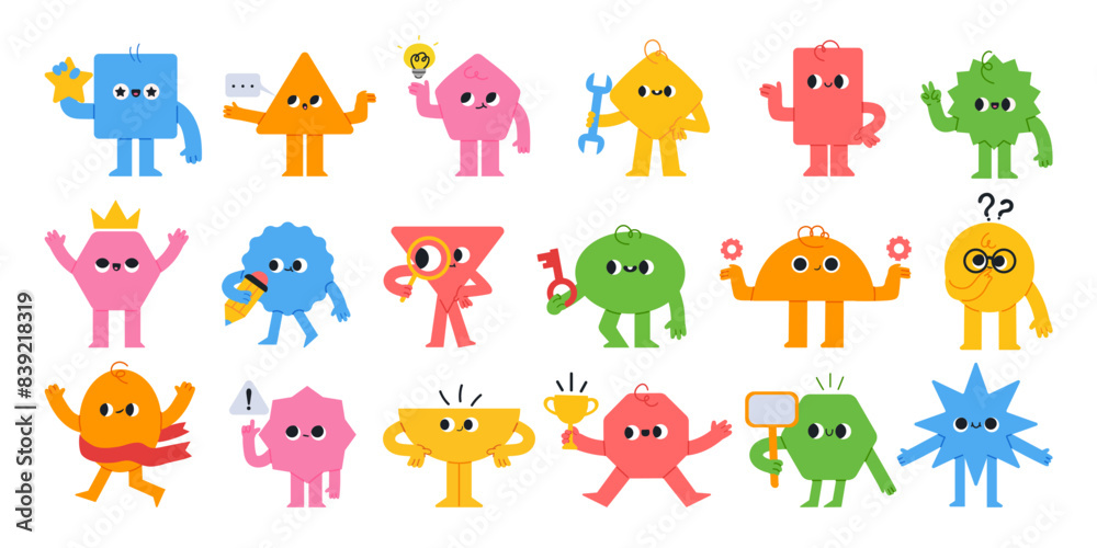 Geometric characters. Cartoon abstract mascot figures with faces and ...