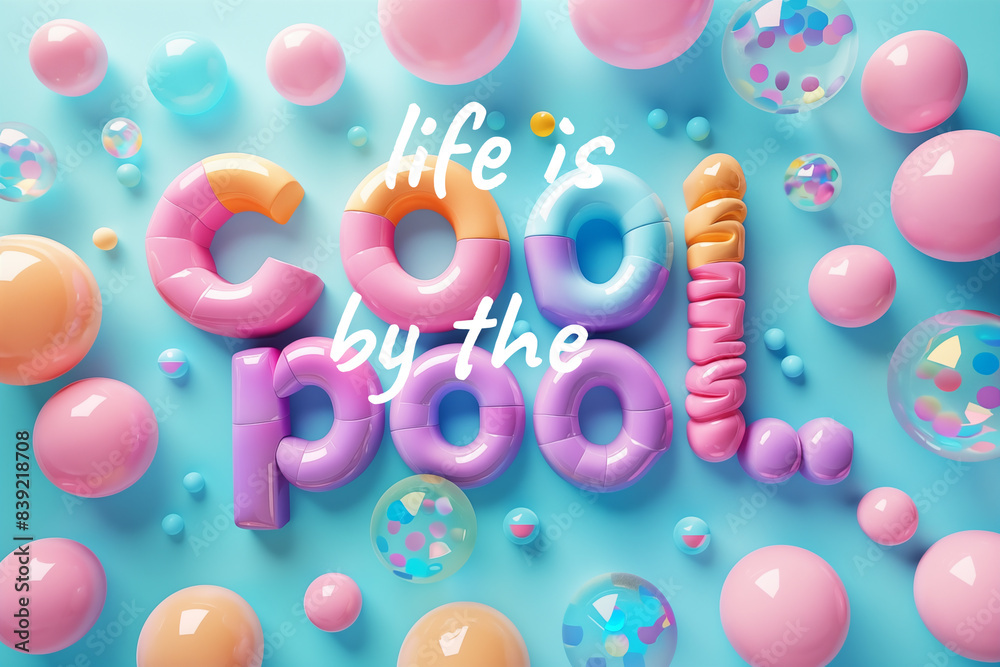 3D typography of the words "life is cool by the pool" with pastel ...