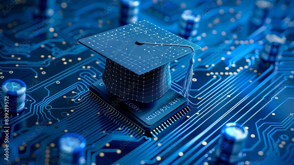 Digital education concept image showing a graduation cap on a microchip ...