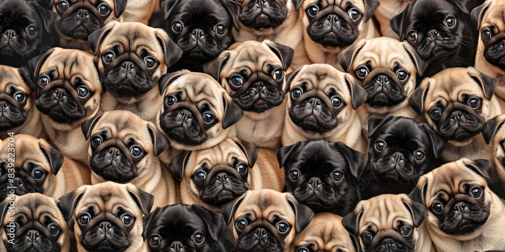 Seamless pattern with realistic tricolor pug dogs. Colorful background ...