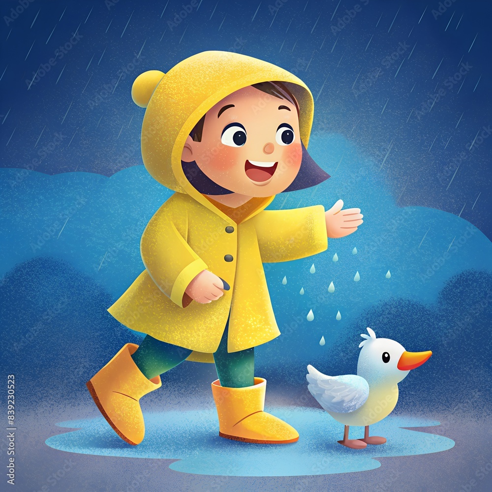 Vector illustration of a happy little girl in yellow hooded duck ...