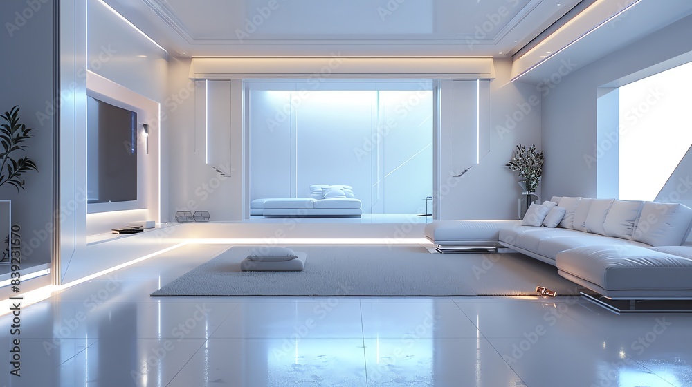 Tilted angle view of a minimalist living room, sleek white furniture, futuristic LED lighting ...