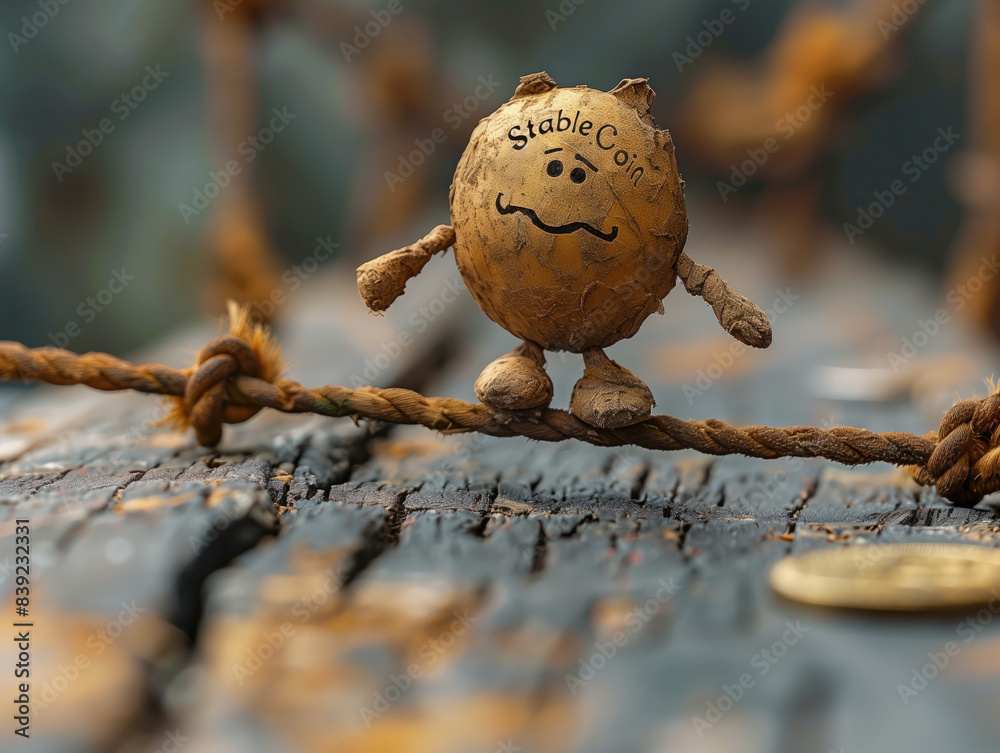 Representación de equilibrio, moneda con cara dubitable sobre cuerda ...