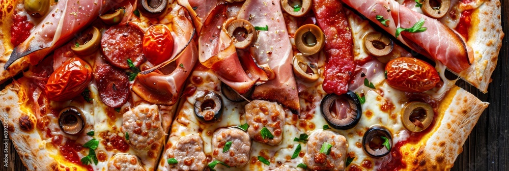 Meat Mix Pizza with Parma Ham, Sausages, Shish Kebab, Bacon, Olives ...
