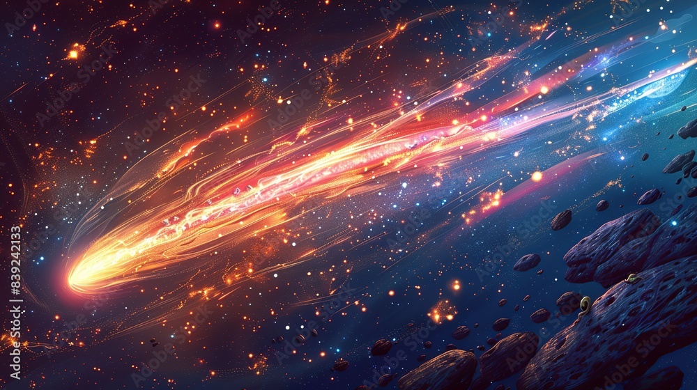 A detailed depiction of a comet streaking through space, with a tail of ...
