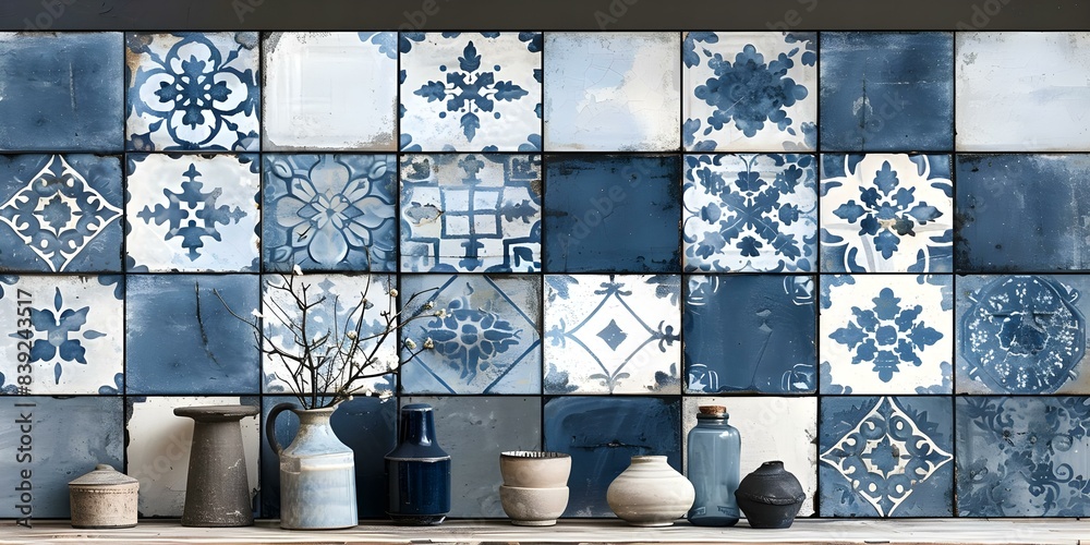 ภาพประกอบสต็อก Vintage blue and white patchwork tiles on worn concrete wall background. Concept ...