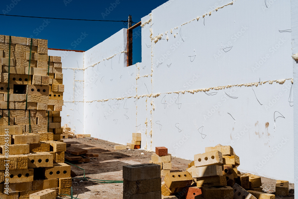 The construction site displays yellow bricks and concrete walls ...