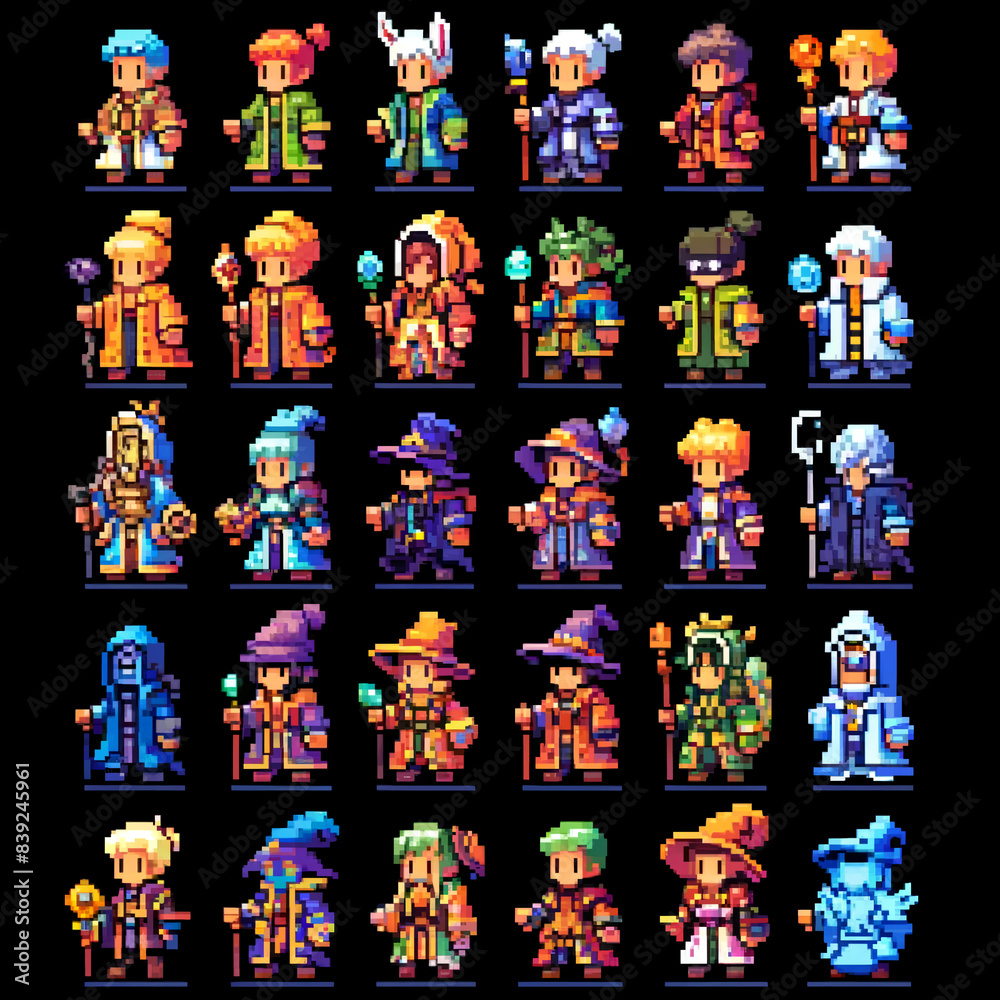 RPG-style alchemists in pixel art sprite sheet Stock Illustration | Adobe Stock