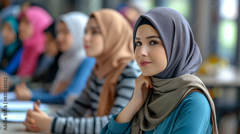 A diverse group of modern Muslim women in hijabs, participating in an ...