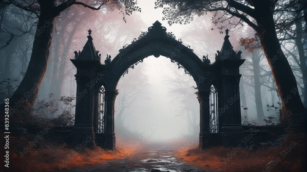 Ethereal Gothic Arch: Ancient Gate Shrouded in Mist Amidst the ...