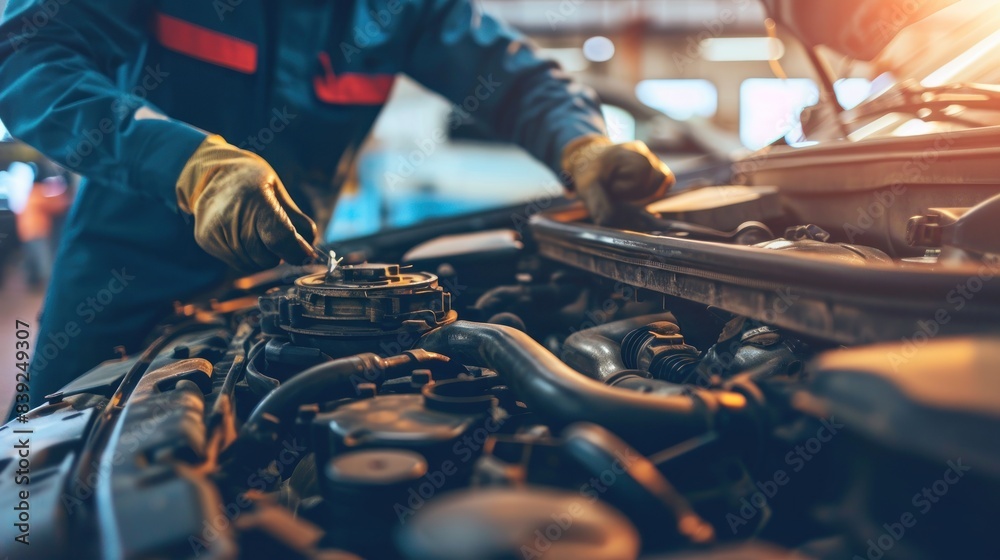 mechanic is doing the annual car inspection. Car repair shop is ready ...