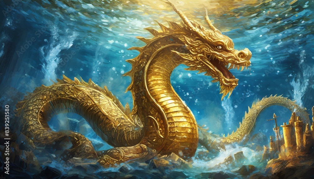 Golden naga with ancient treasure under water - realistic art , epic ...