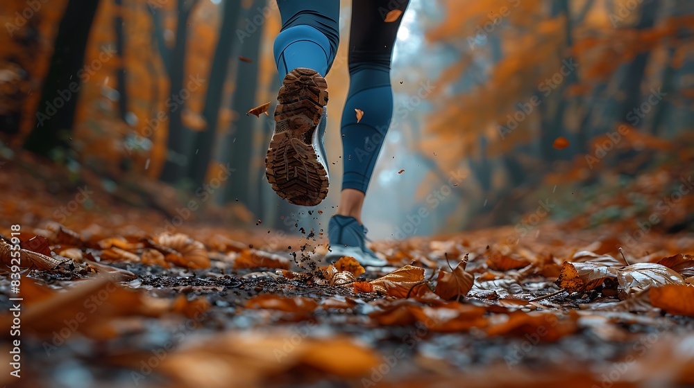 female trail runner racing through a forest trail her footsteps kicking ...