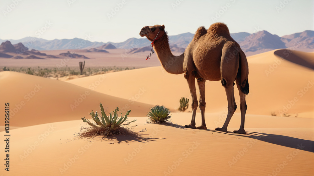 Sand Dune Odyssey: Desert Landscape Featuring a Camel and Desert Cactus ...